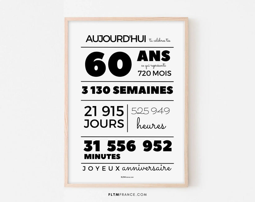 Affiche 60 ans, 720 mois, 3130 semaines - Anniversaire 60 ans - FLTM