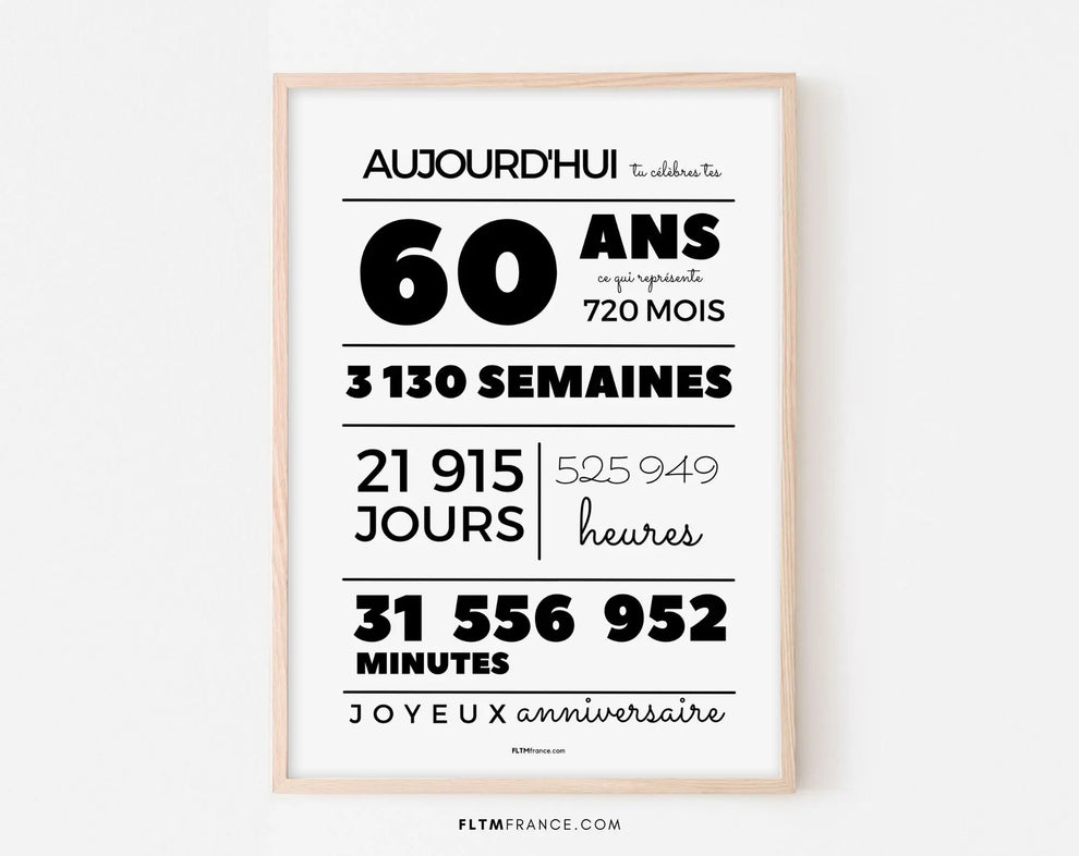 Affiche 60 ans, 720 mois, 3130 semaines - Anniversaire 60 ans - FLTM