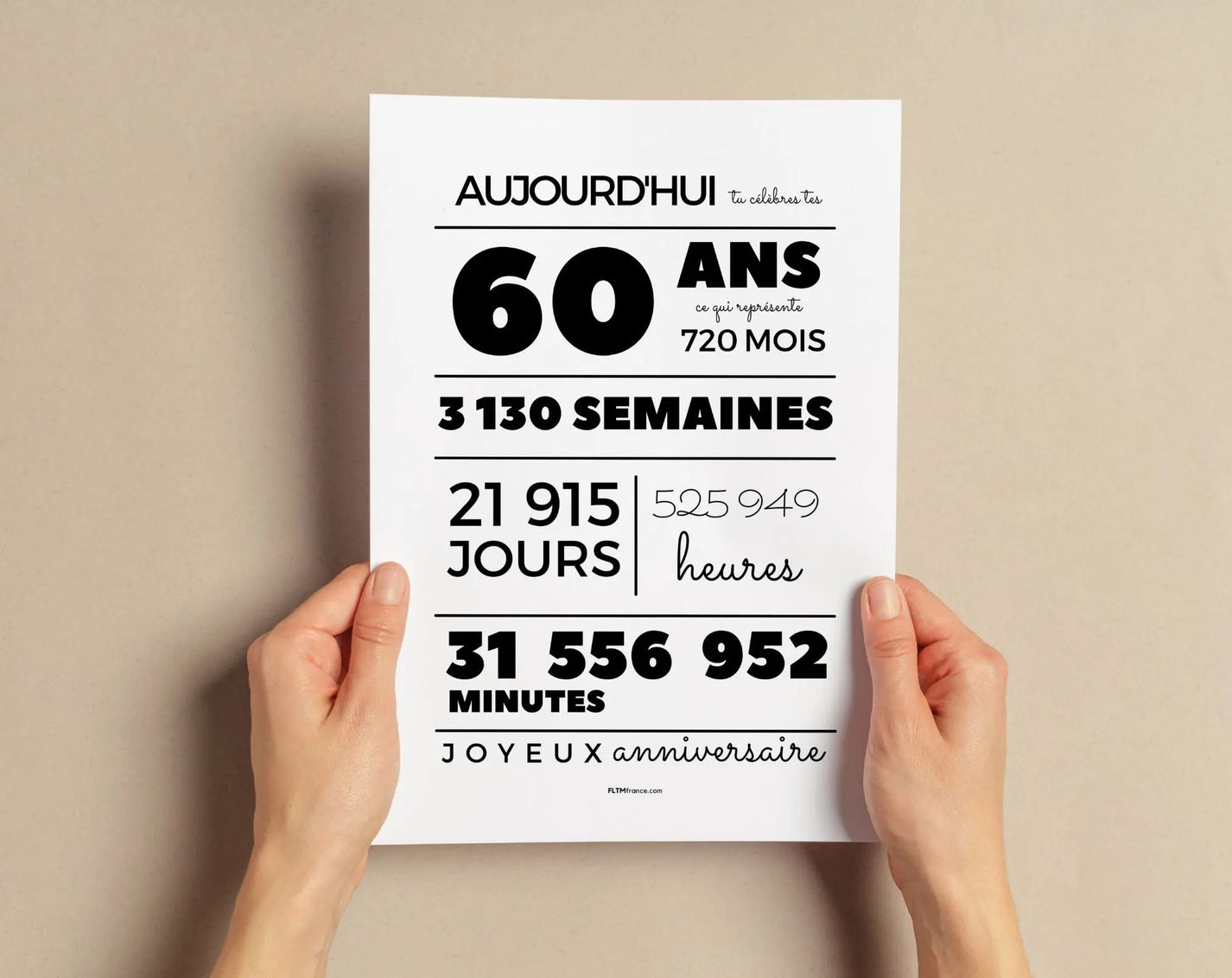 Affiche 60 ans, 720 mois, 3130 semaines - Anniversaire 60 ans - FLTM