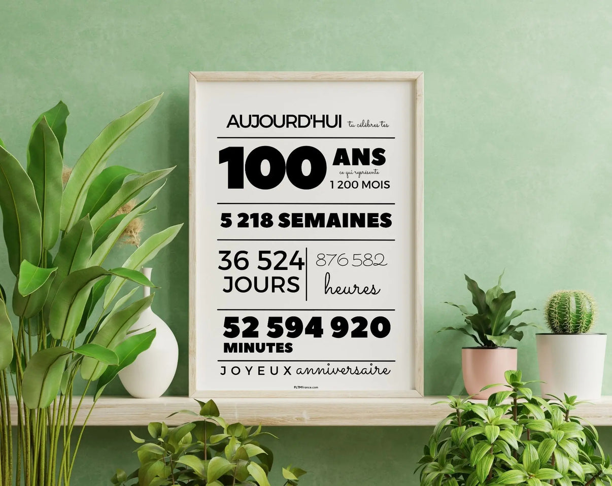 Affiche 100 ans, 1200 mois, 5218 semaines - Carte anniversaire - FLTM