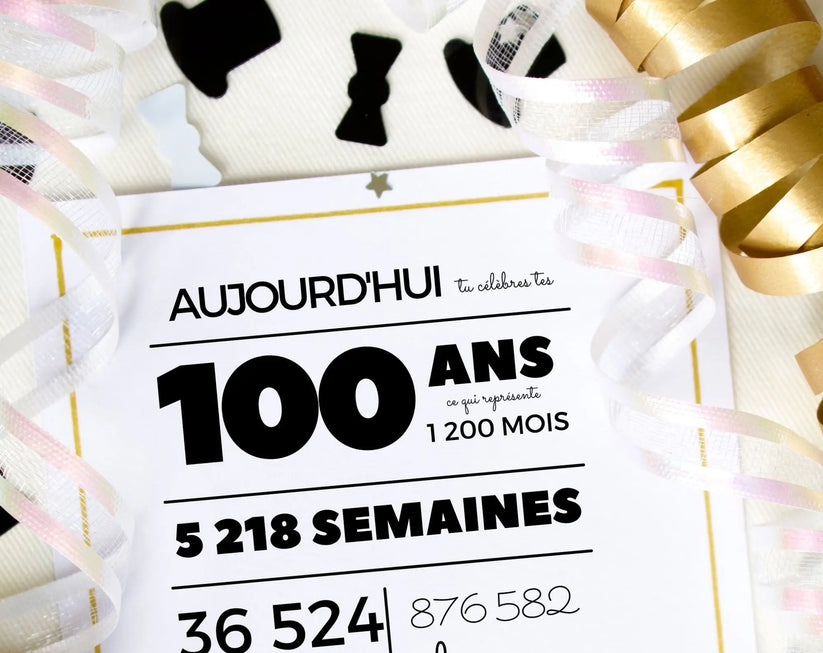 Affiche 100 ans, 1200 mois, 5218 semaines - Carte anniversaire - FLTM