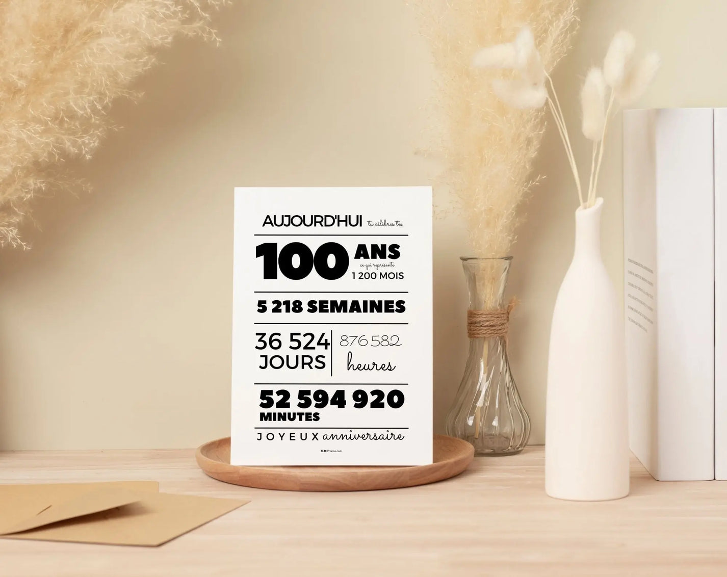 Affiche 100 ans, 1200 mois, 5218 semaines - Carte anniversaire - FLTM