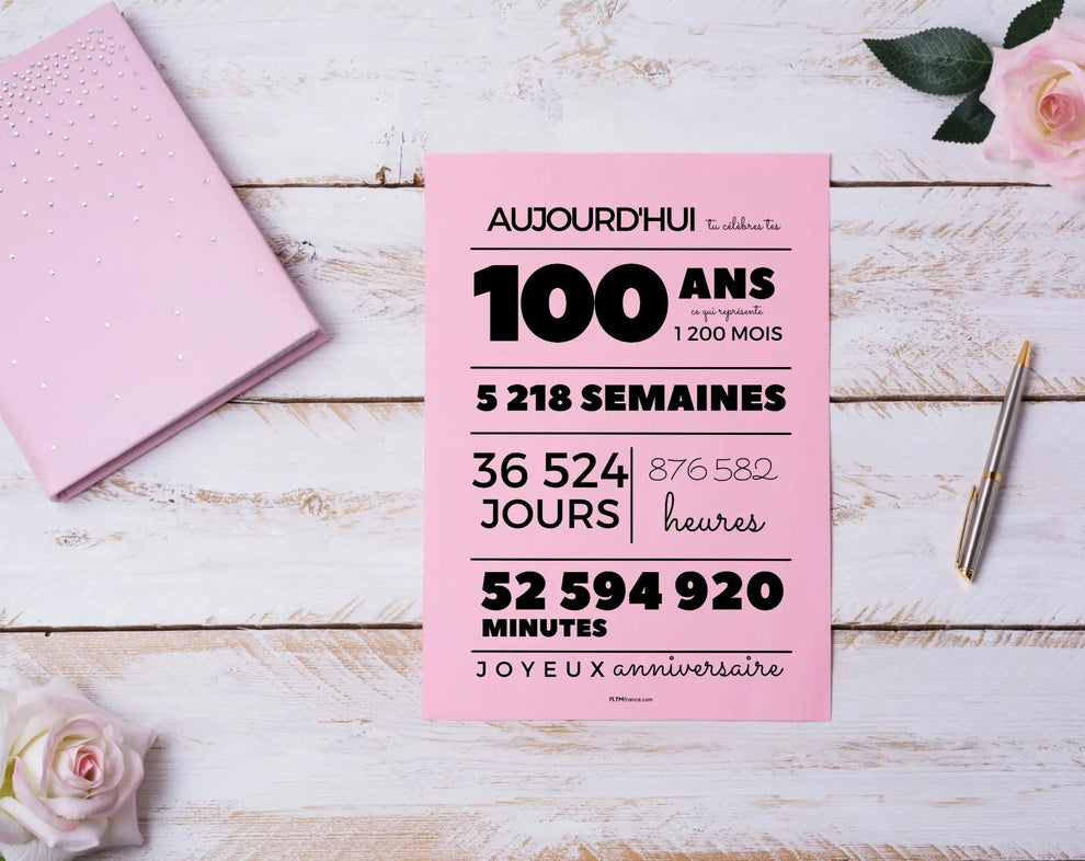 Affiche 100 ans, 1200 mois, 5218 semaines - Carte anniversaire - FLTM