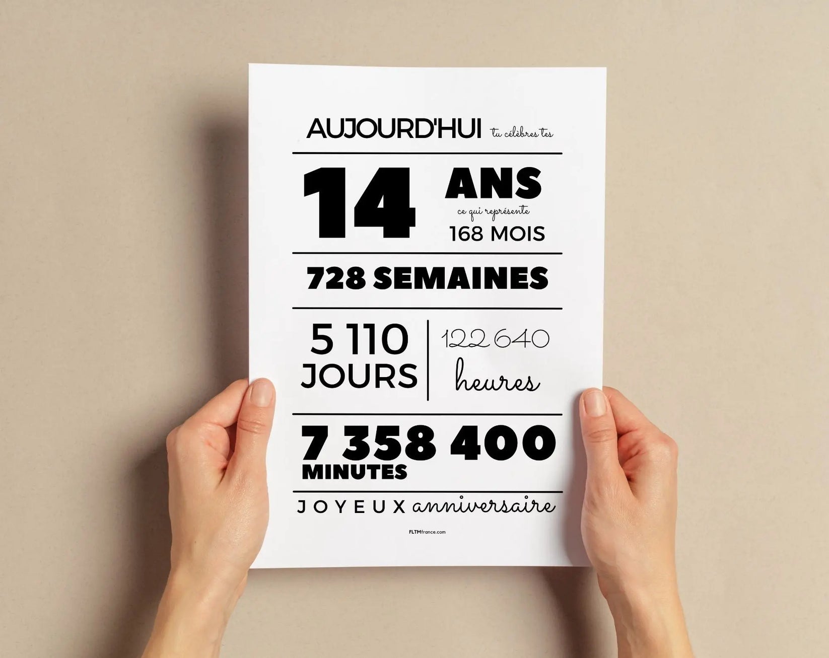 Affiche 14 ans, 168 mois, 728 semaines - Carte anniversaire enfant - – FLTM