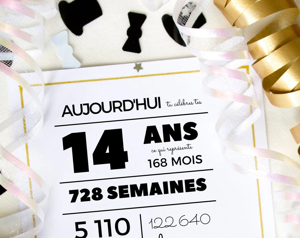 Affiche 14 ans, 168 mois, 728 semaines - Carte anniversaire enfant - – FLTM