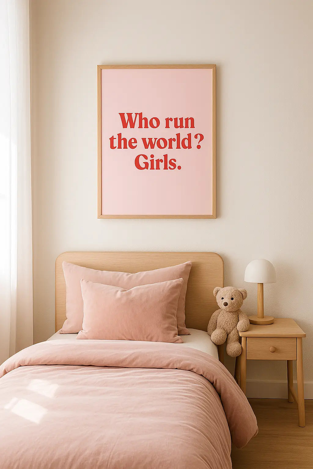 Affiche Who run the world? Girls – Poster féministe déco pop rose - – FLTM