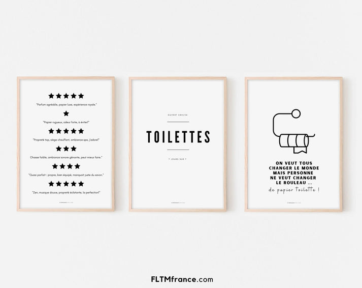 3 affiches Toilette, Notes étoiles et Changer papier toilette - Poster ...